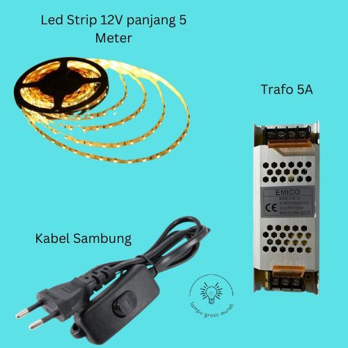 Jual Paketan LED STRIP VISCO KUNING 5 Meter DC 12V + Trafo 5A + Saklar ...