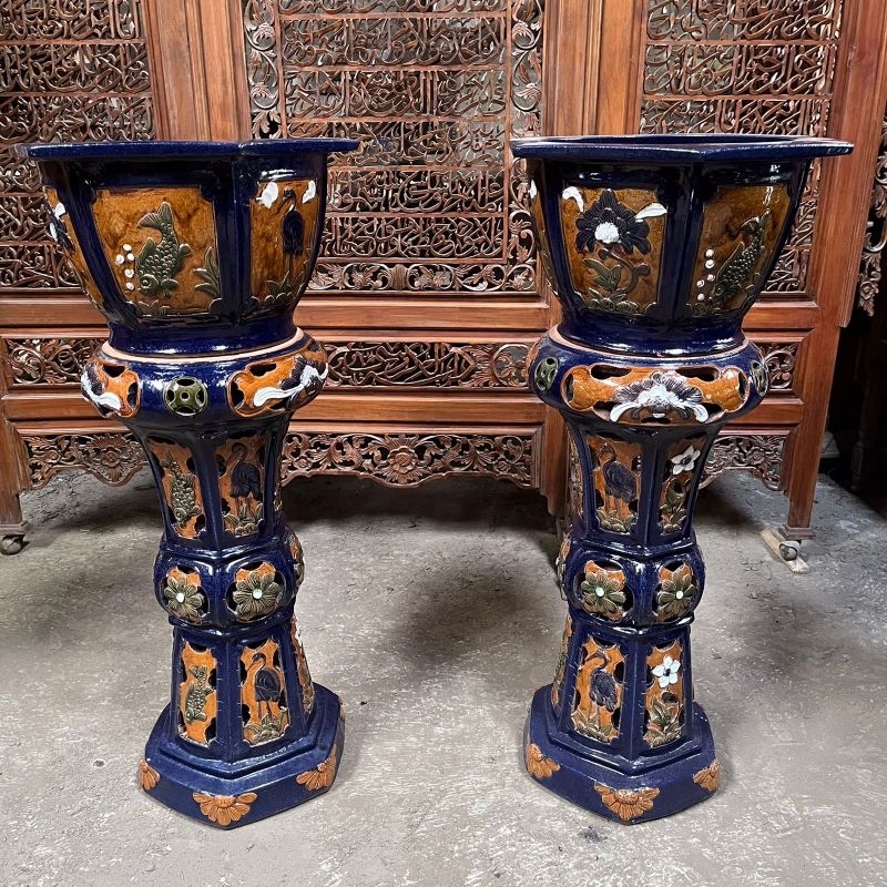 Jual Set Pot Guci Vas Keramik Biru Motif Bangau Ikan Biru Antik Lawas ...