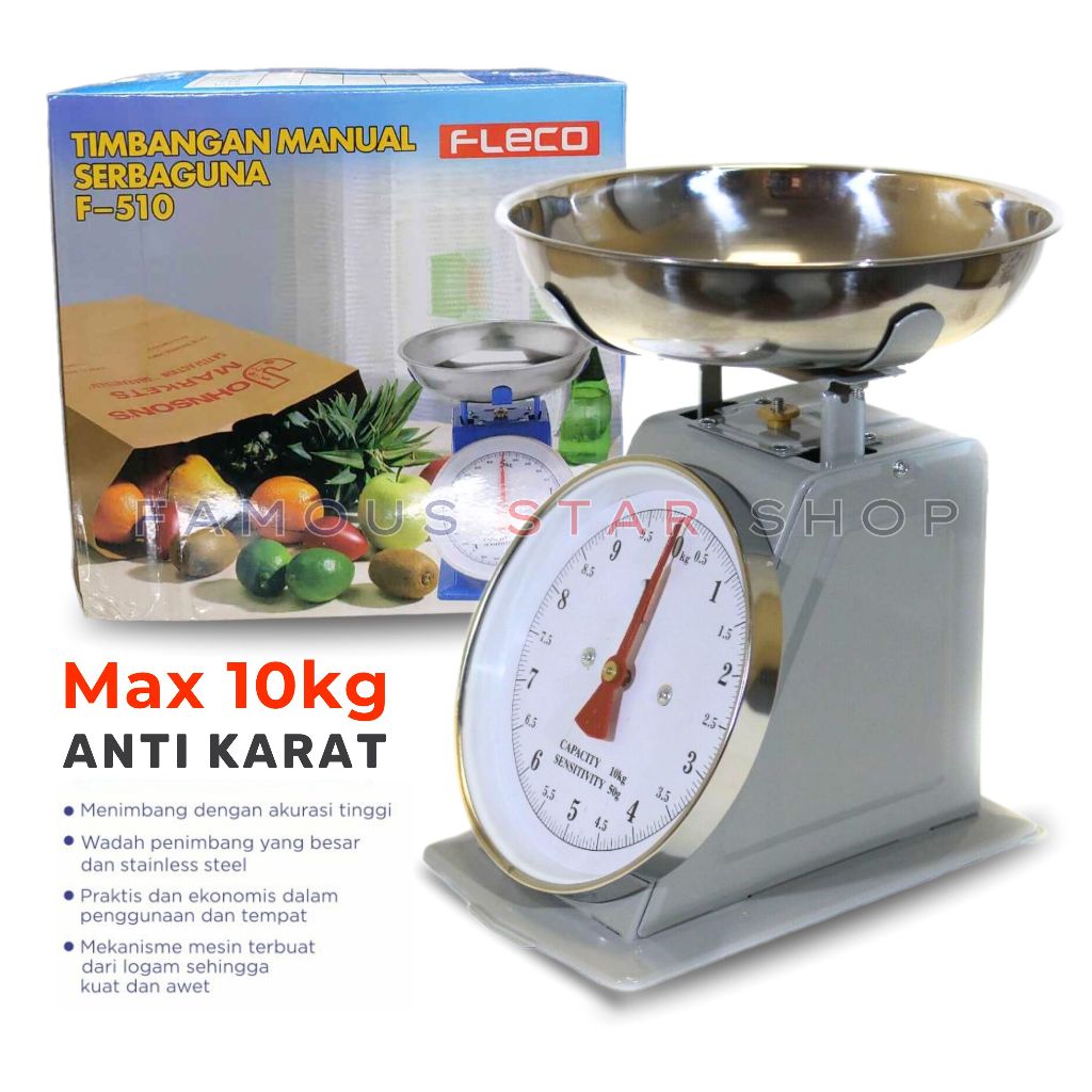 Jual Timbangan Duduk 10kg FLECO F-510 Timbangan Buah 10kg Crwon Besi Stainless Jarum Analog ...