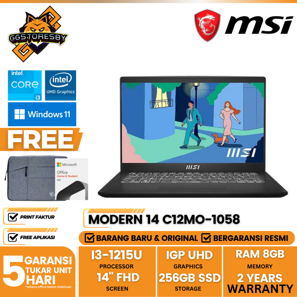 Jual Laptop Msi Modern 14 C12Mo-1058 | I3-1215U 8/256 Uhd 14" W11+Ohs21 | Shopee Indonesia