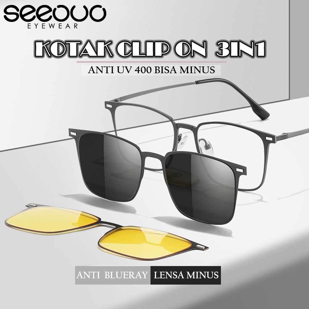 Jual Seeouo Kacamata Clip On 3in1 Antiradiasi Blueray Model Kotak Metal Ringan Clip Polarized ...