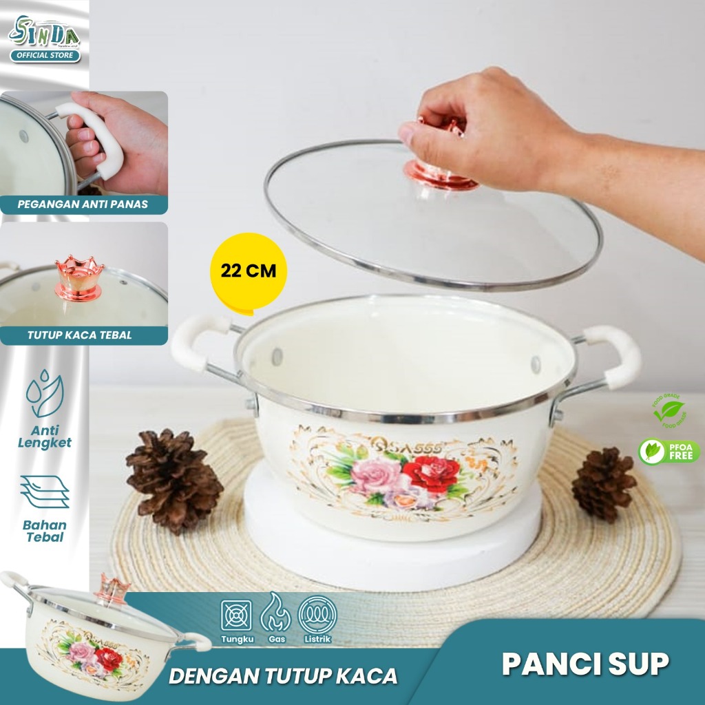 Jual Sinda Panci 22Cm Enamel Putih Brilik Tutup Kaca Motif Bunga ...