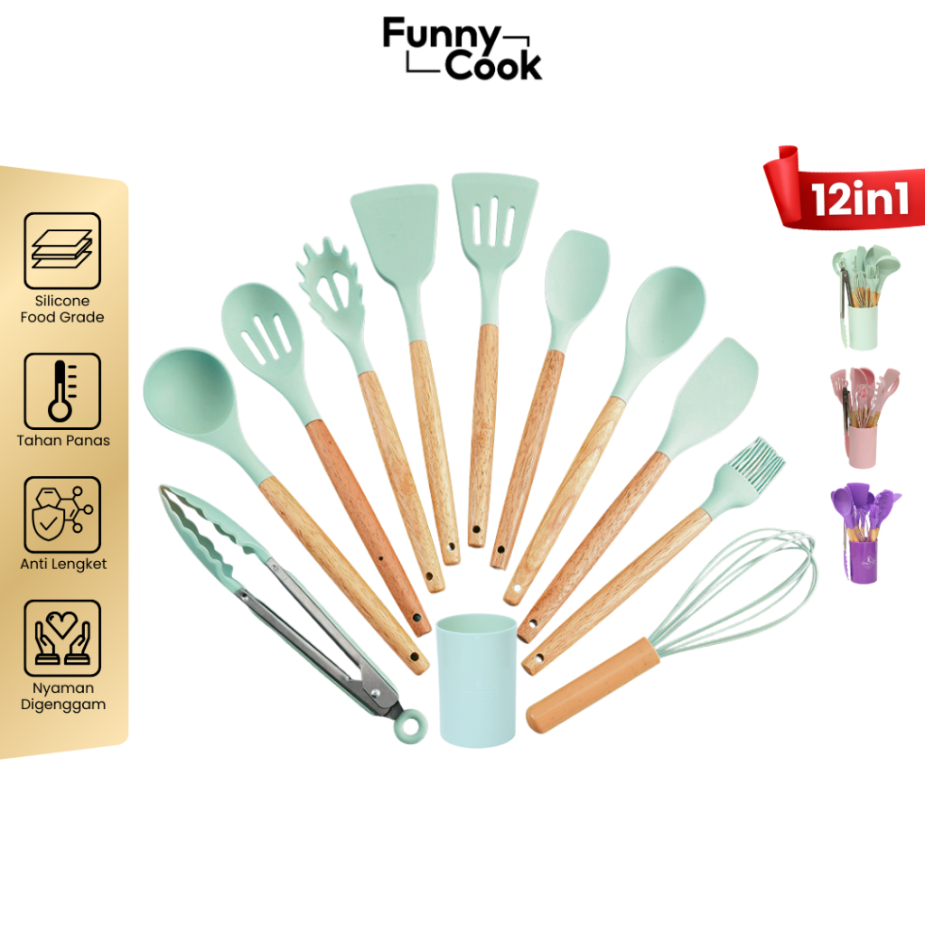 Jual FUNNYCOOK Spatula Silicone Utensil Set 12in1 Set Kitchenware ...