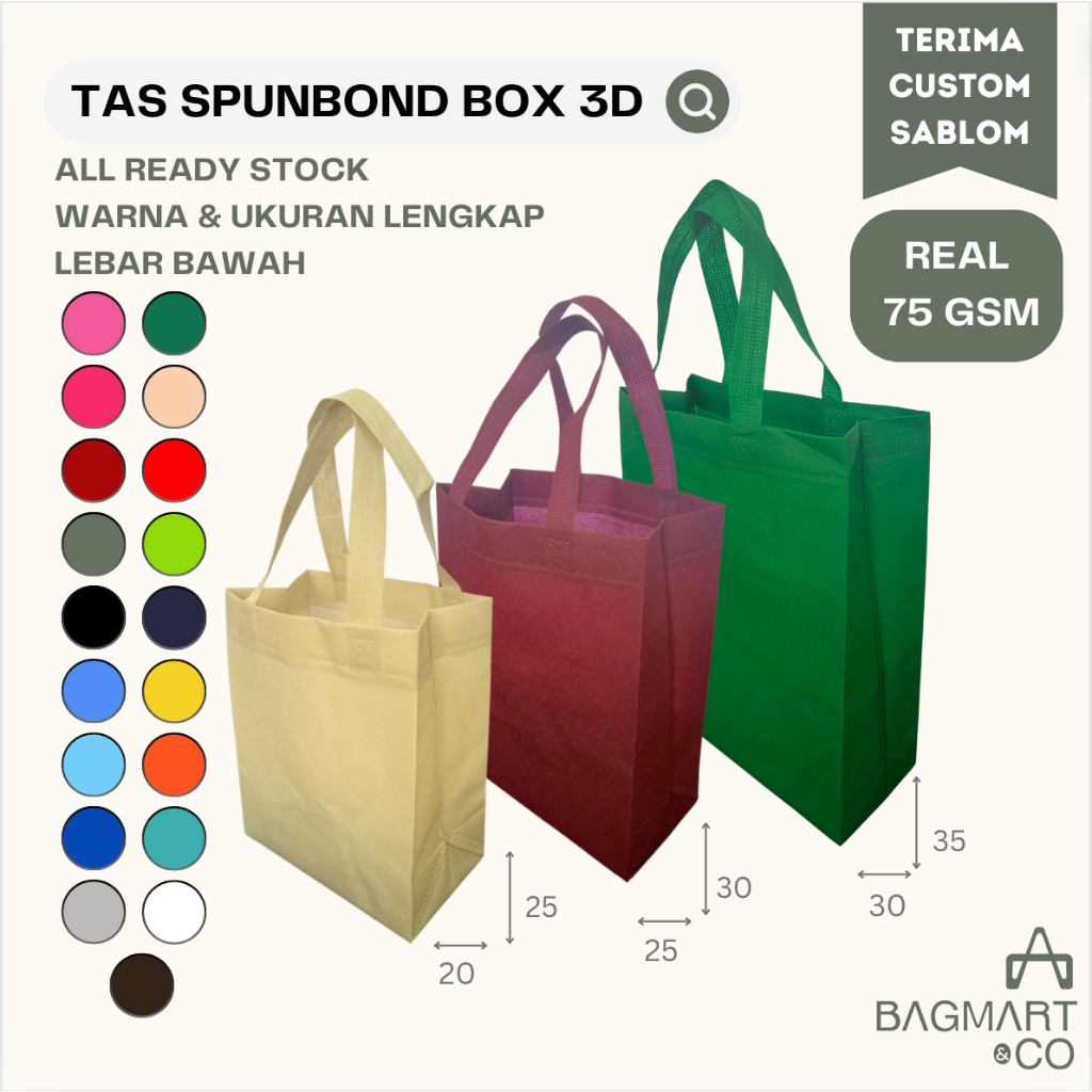 Jual Tas Spunbond Handle Box Lebar Bawah Ukuran 20x25 25x30 30x35 Goodie Bag HBPA Tote Bag Warna ...