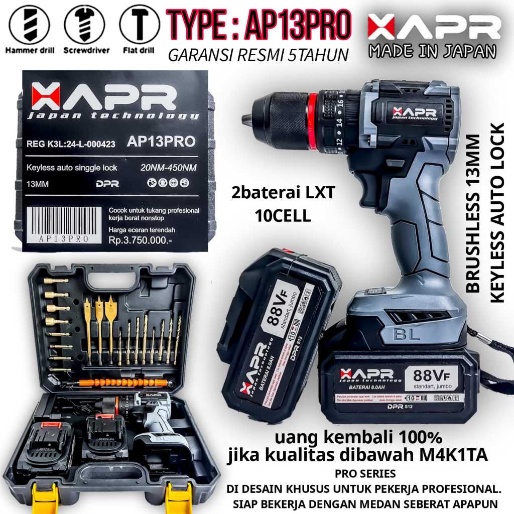 Jual AP13PRO Bor Cordless brushless APR JAPAN 48VF 13mm Keyless Chuck Besi ACCECORIS fullset ...