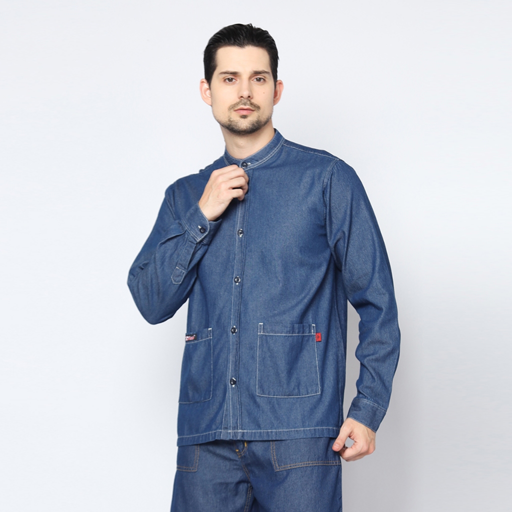 Jual 2nd RED Kemeja Denim Skena Pria L/S Krah Mandarin Saku Besar Biru ...