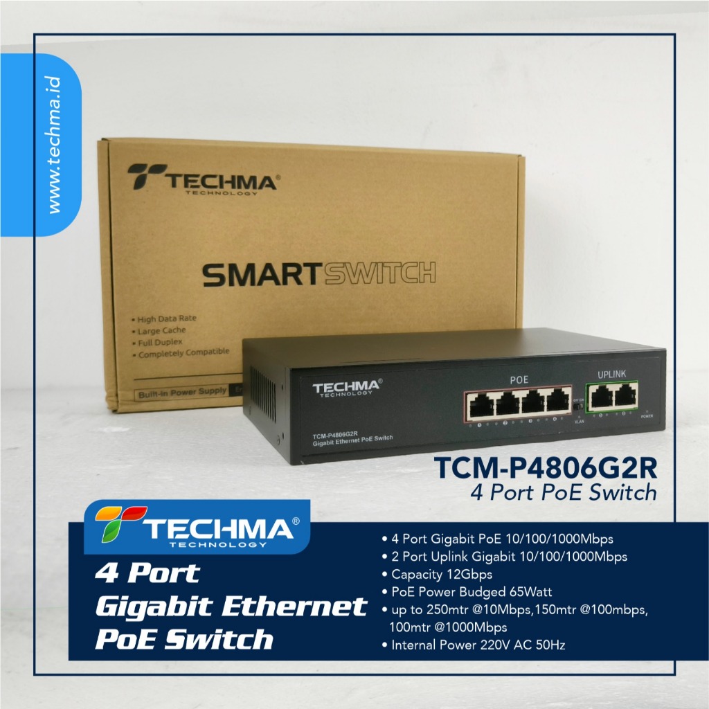 Jual TECHMA TCM-P4806G2R Gigabit PoE Switch 4 Port 2 UPlink 1000Mbps ...