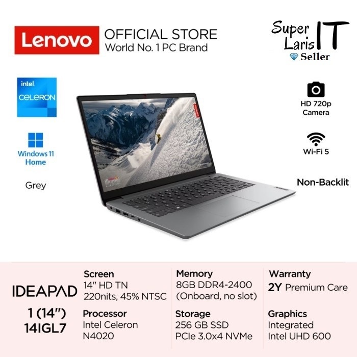 Jual Lenovo Ideapad 1 IP1 14IGL7 Intel N4020 ram 8GB ssd 256GB 14" HD ...