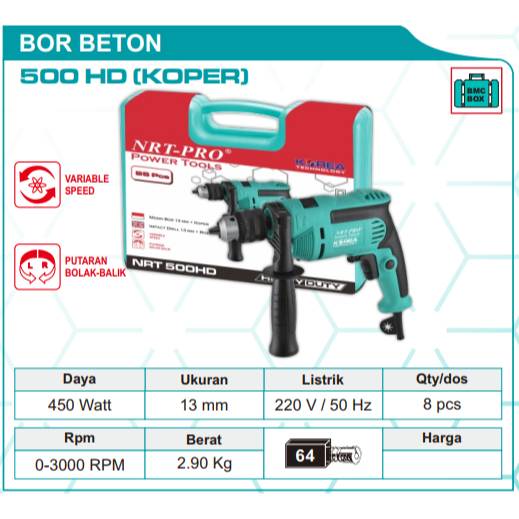 Jual MESIN BOR NRT PRO 500 HD / Mesin Bor Beton NRT 500HD 13 Mm Hammer ...