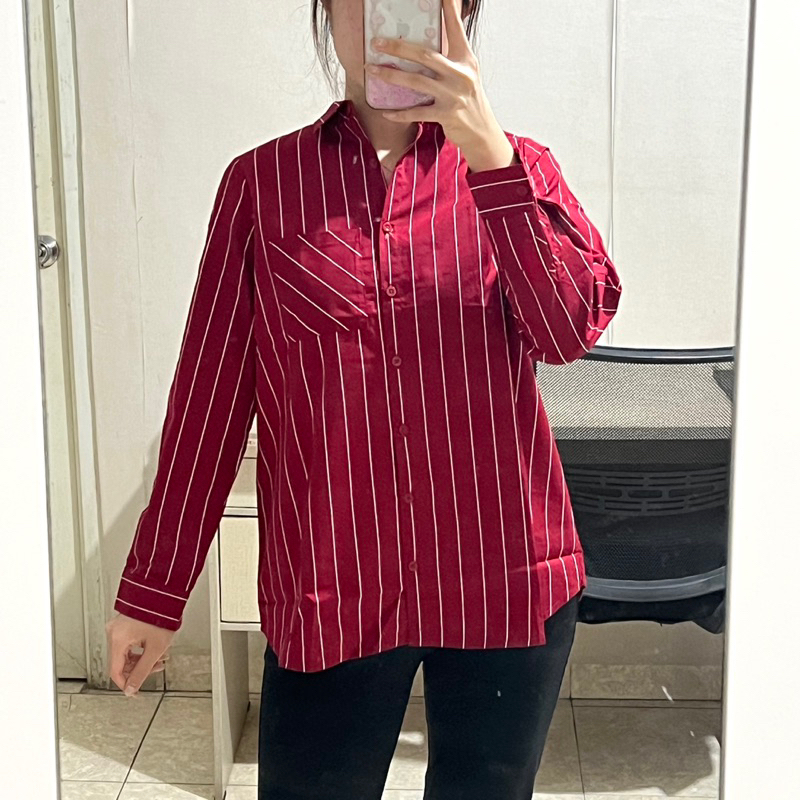 Jual [NEW WITH TAG] Ultraviolet Kemeja Lengan Panjang Stripe Shirt Merah Red Kantor Kerja Kampus ...