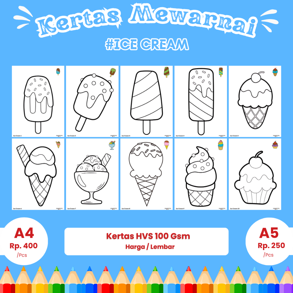 Jual Gambar Mewarnai Ice Cream A4 / A5 Kertas Sketsa / Kertas 100 GSM ...