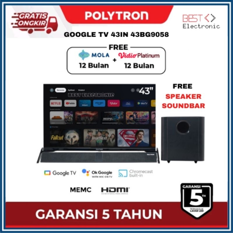 Jual Smart Google Soundbar TV POLYTRON Digital Mola LED TV 43 inch PLD 43BG9058 / 43BAG9953 ...