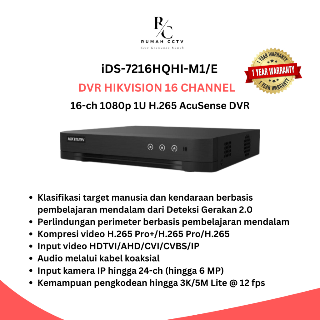 Jual HIKVISION - DVR 16 CHANNEL 16-ch 1080p 1U H.265 AcuSense DVR (iDS ...