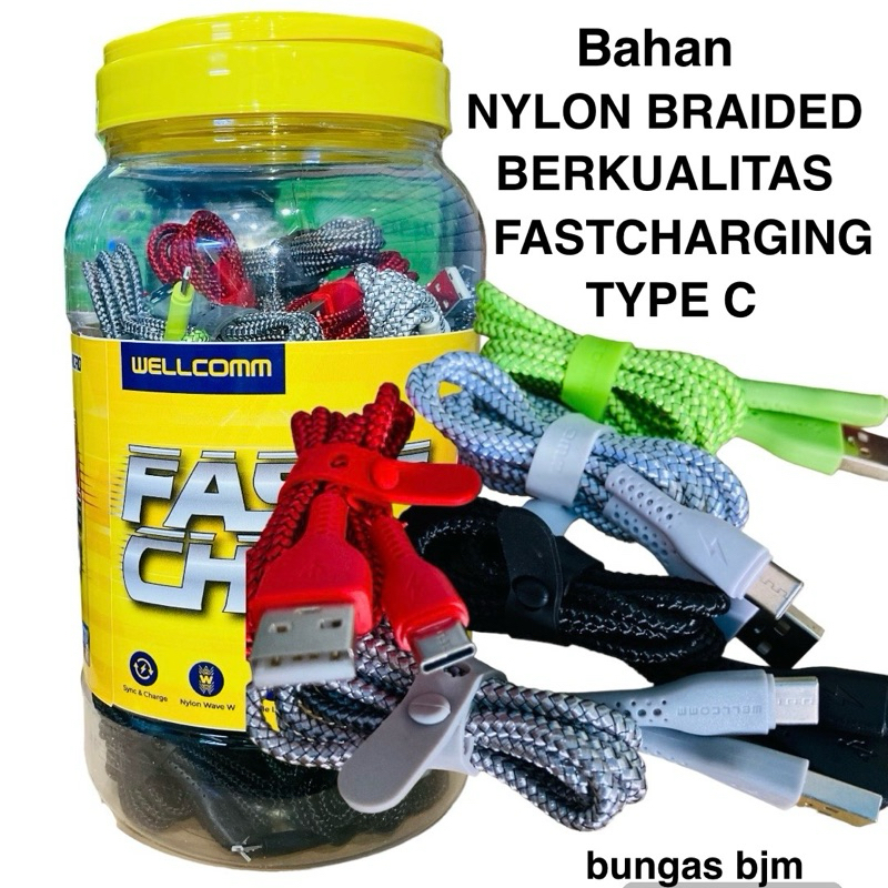 Jual kabel data TYPE C WELLCOMM Nylon braided support fast charging 3A ...