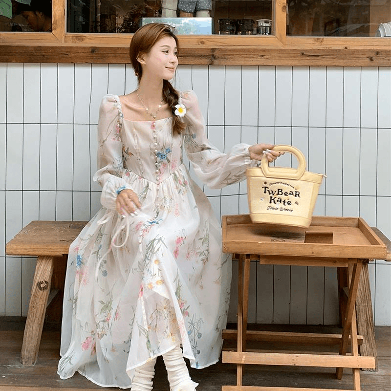 Jual Gaun sifon Dress Princess Retro Flower SquareNeck Chiffon for ...