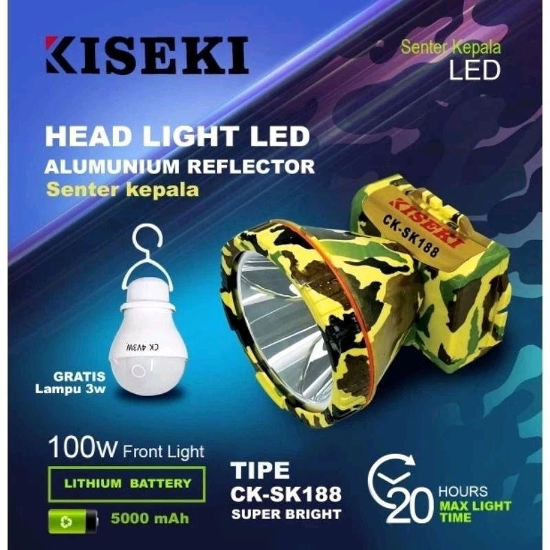 Jual Senter Kepala Super Terang Kiseki CK-188 Cahaya Putih 100 Watt ...