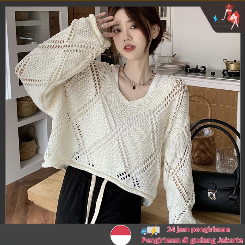 Jual Karley - Knitwear Rajut Wanita Crop Top Cutout Lengan Panjang Polos Baju Atasan Korean ...