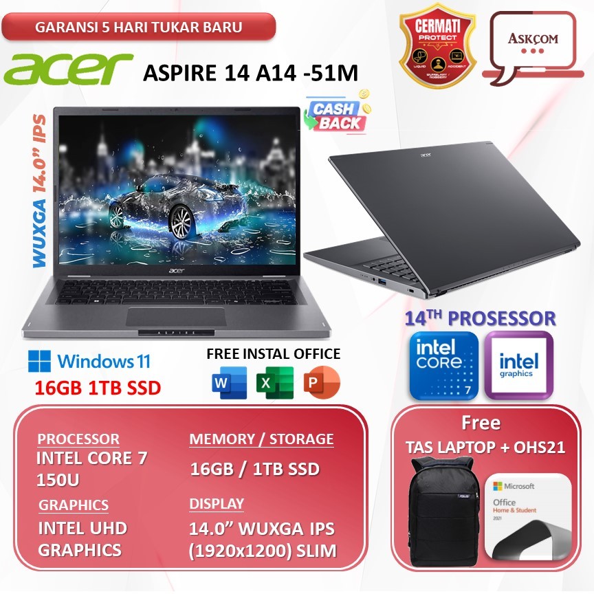 Jual Laptop Acer Aspire 14 A14 Intel CORE 7 150U 16GB 1TB SSD W11+OHS ...