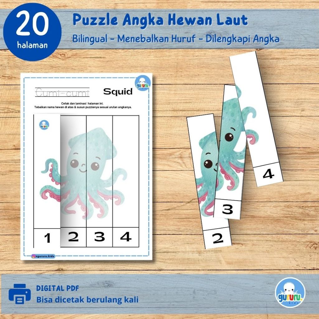 Jual GURURU PDF Printable Aktivitas Gunting & Tempel PUZZLE ANGKA HEWAN ...