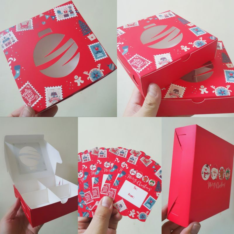 Jual 5 pcs dus box kemasan eggtart motif natal warna merah sekat isi 4 ...
