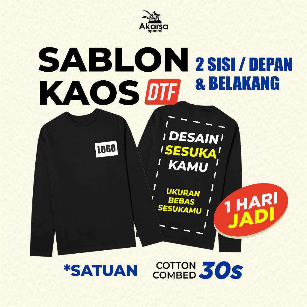 Jual [ 1 HARI JADI BISA INSTAN ] Kaos custom Lengan panjang Sablon Custom satuan full warna bisa ...