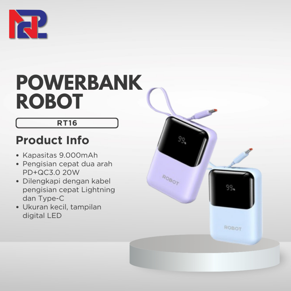 Jual ROBOT Powerbank RT16 Kapasitas 9000 Mah LED Display dengan 2 Kabel ...