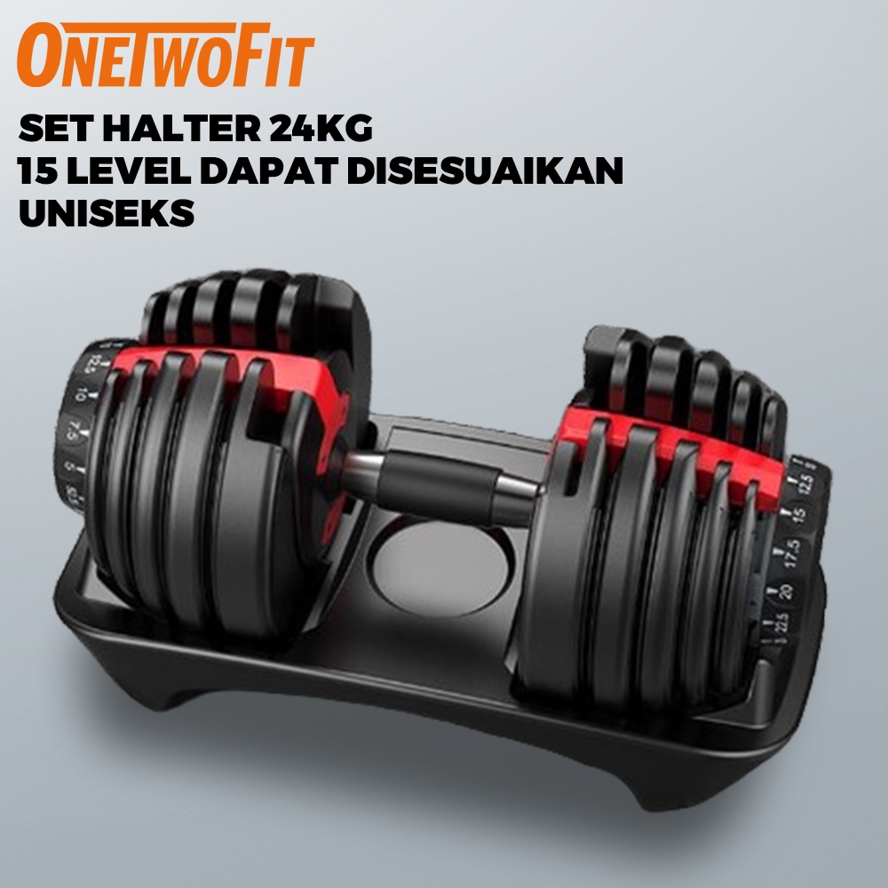 Jual OneTwoFit Adjustable Dumbell Barbell Alat Fitness Set 24kg 15 level Adjustable Barbel ...
