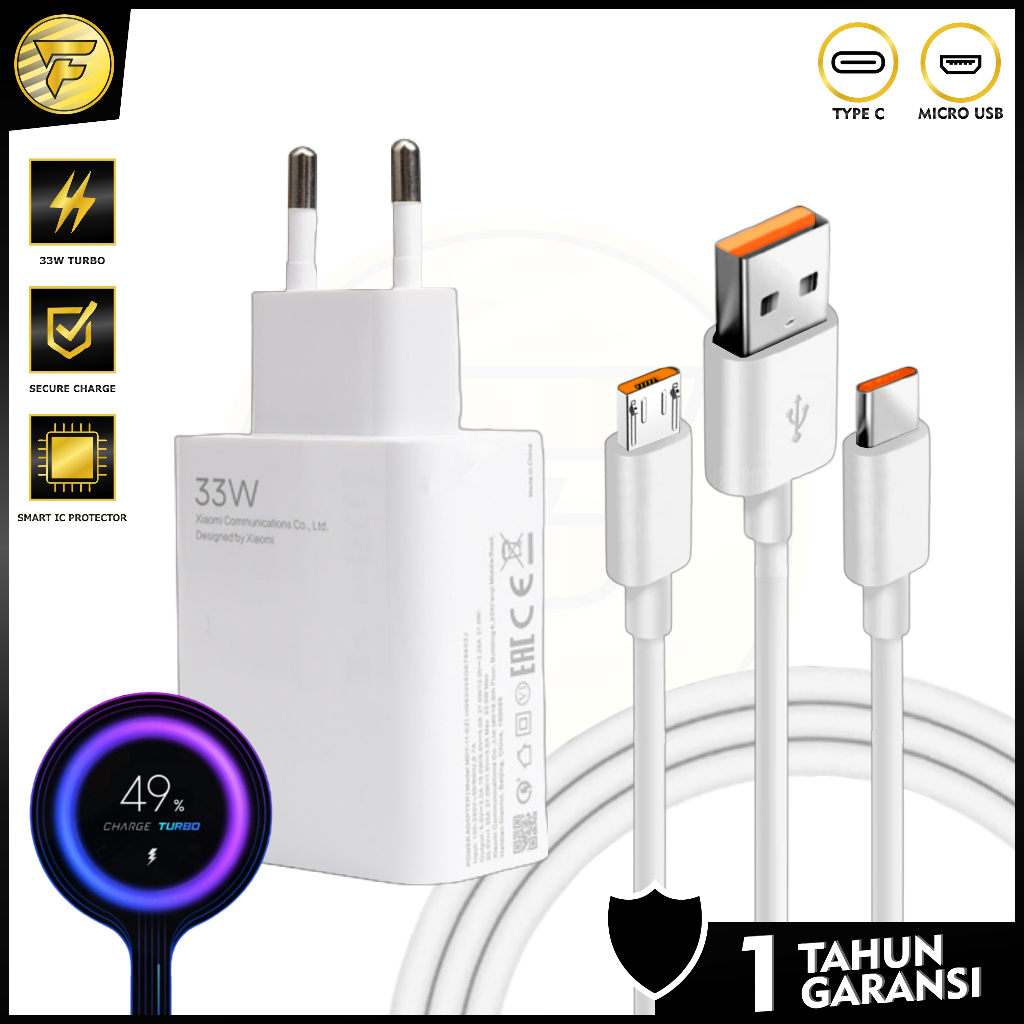 Jual MI 33W Charger Turbo Super Fast Charging kabel data Type C Micro ...