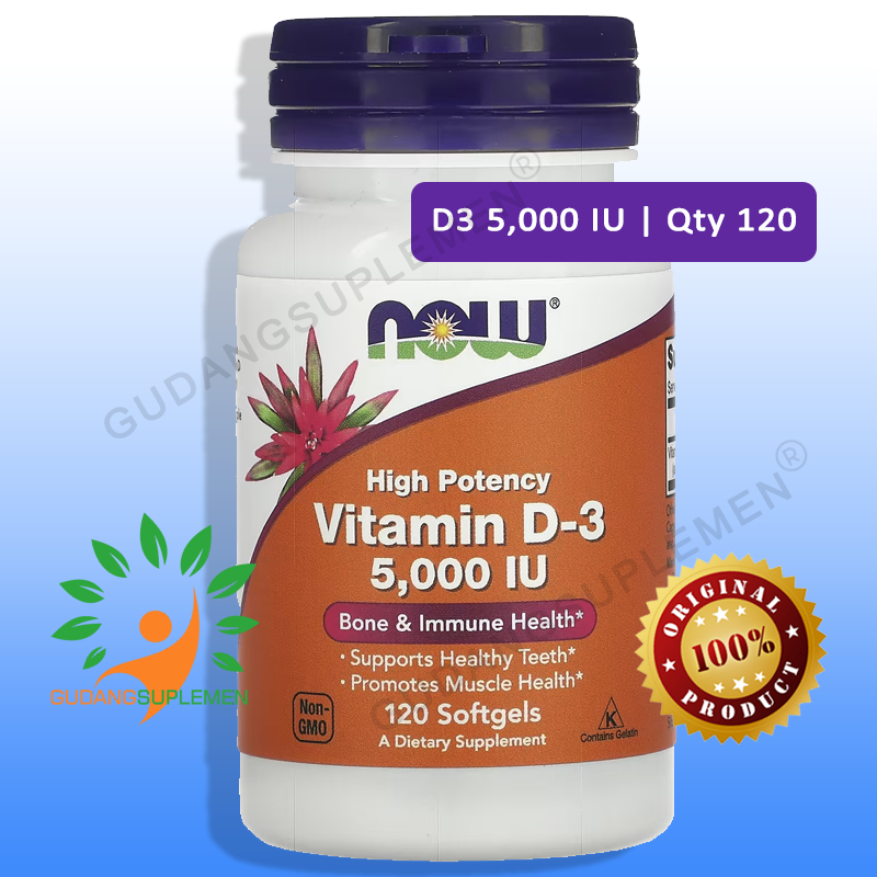 Jual NOW Vitamin D3 High Potency 5000 IU 120 Softgels - Tulang - Imunitas - Flu - Kanker ...
