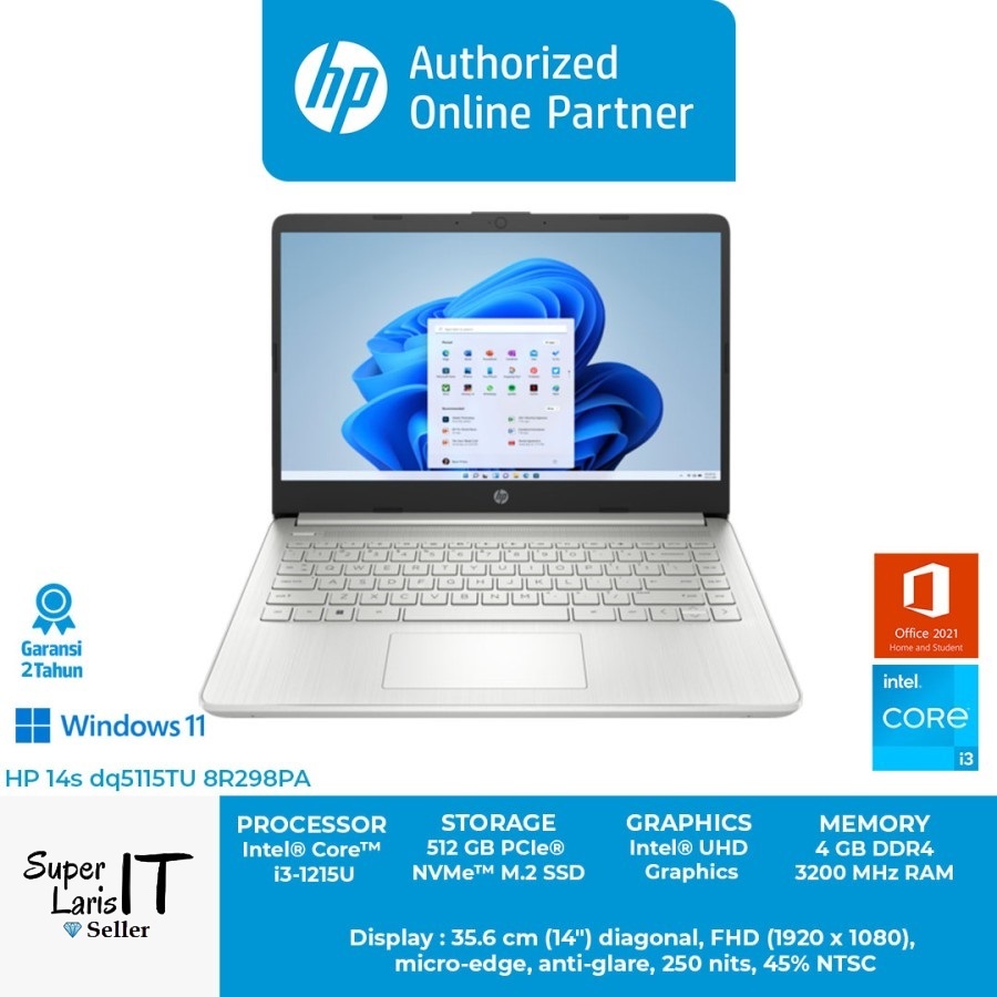 Jual HP Laptop 14s dq5115TU intel core i3-1215U ram 4GB ssd 512GB 14" FHD W11 OHS | Shopee Indonesia