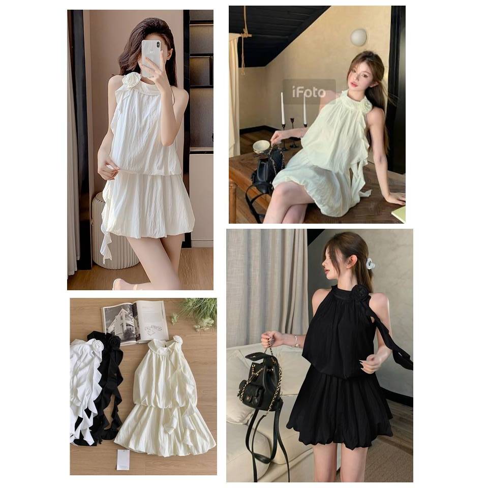 Jual 1085 LBD 3D Flower halter neck ribbon puffy cotton mini dress ...