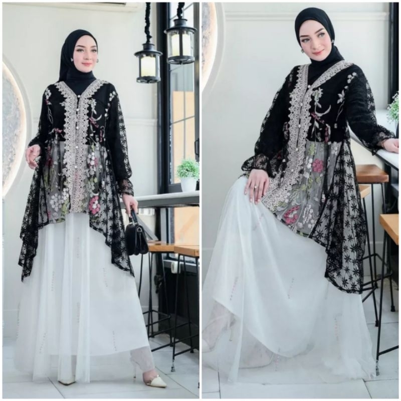 Jual Serena Outer tille mix brukat dengan kerah renda| Tunik tulle ...