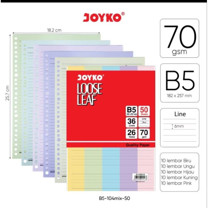 Jual BBS Refill Kertas Binder / Loose Leaf Warna / Color B5 , 26 Holes isi 50 Lembar Joyko ...