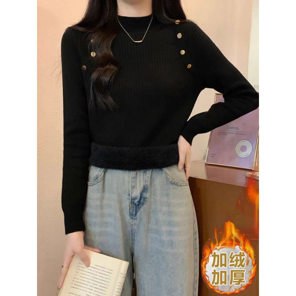 Jual Atasan Rajut Wanita button Knit Kaos Kerah tinggi Manset Inner ...