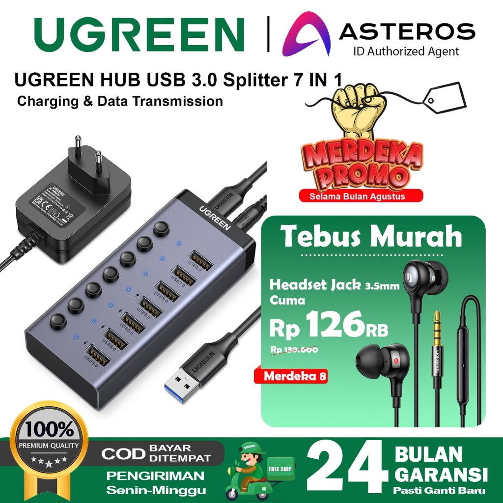 Jual UGREEN HUB USB 3.0 Splitter 7 IN 1 LED 12V Charging & Transfer ...