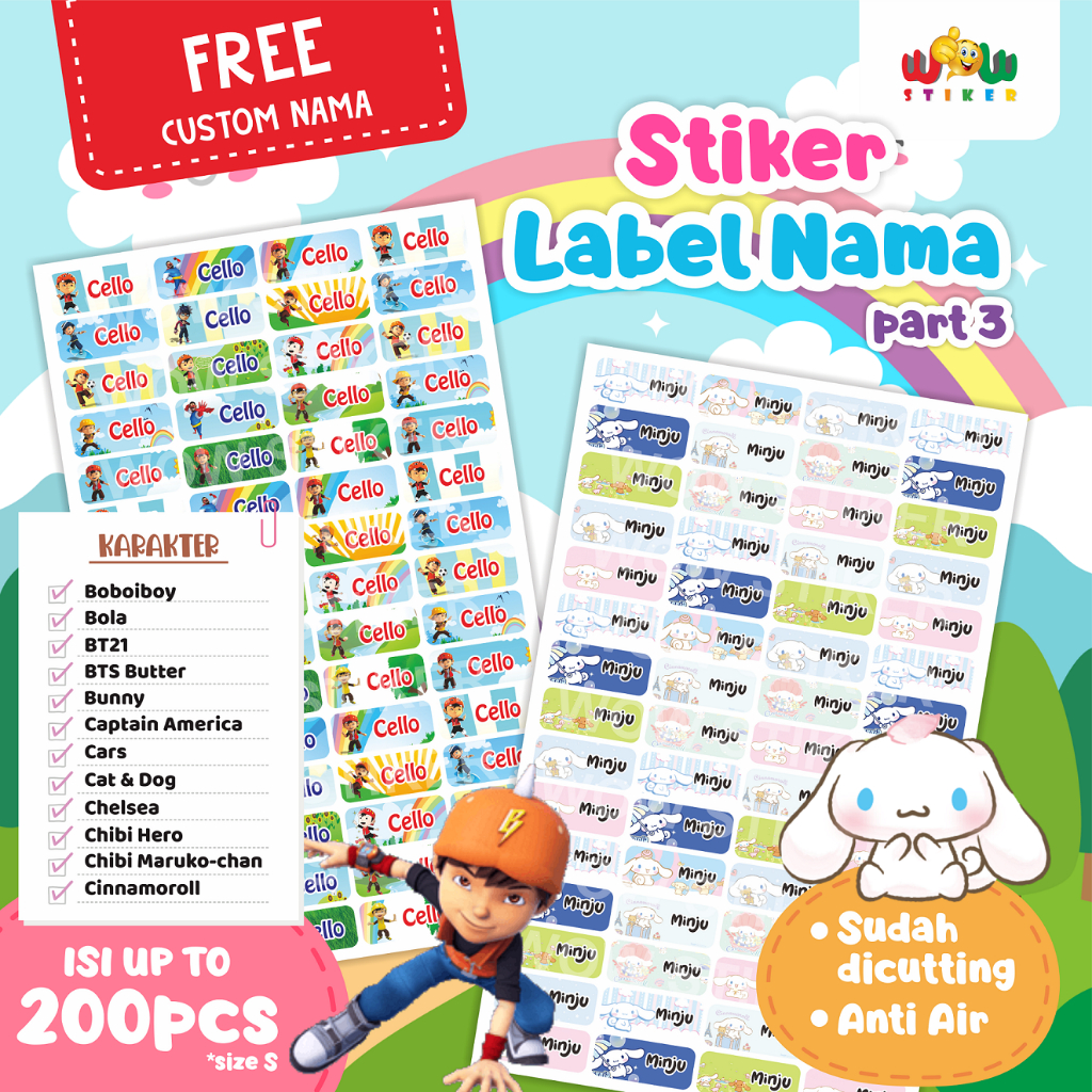 Jual PART 3 Stiker Label Nama Waterproof Versi Kotak - Boboiboy, BT21 ...