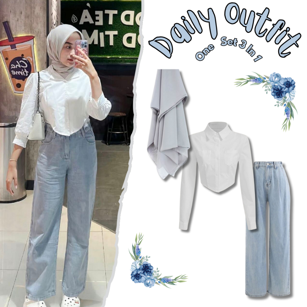Jual One Set Outfit OOTD 3In1 (Hijab Bella Square + Kemeja Crop Katun + Celana Jeans Denim ...