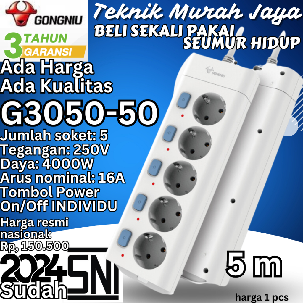 Jual GONEO GONGNIU G3050 Stop Kontak Multi Saklar On Off 5 Meter 5 ...