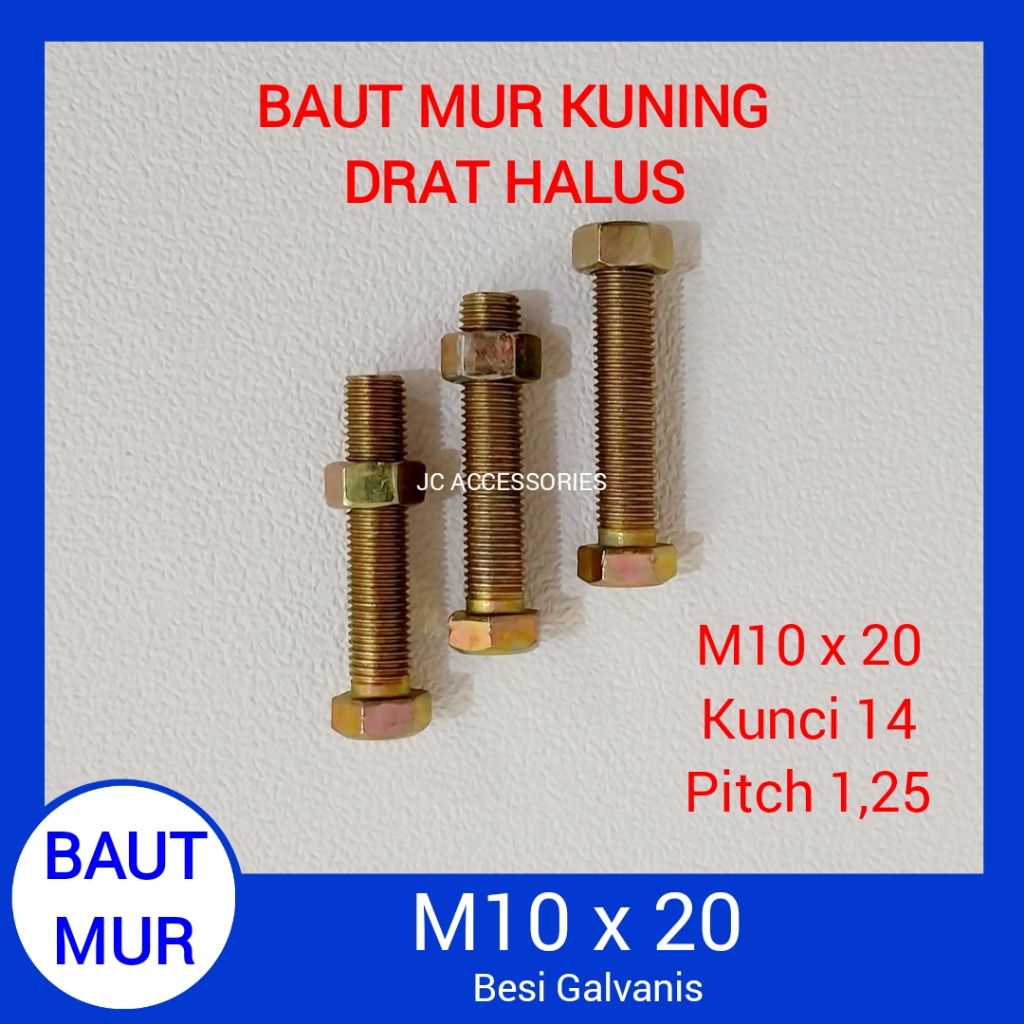Jual BAUT MUR KUNING M10 x 20 KUNCI 14 PITCH 1,25 DRAT HALUS BMK M10x20 ...