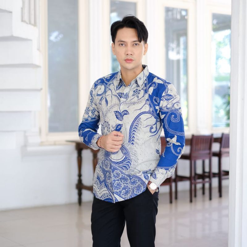 Jual Warna Biru Denim Kemeja Batik Pria Slimfit Lengan Panjang Lapis ...