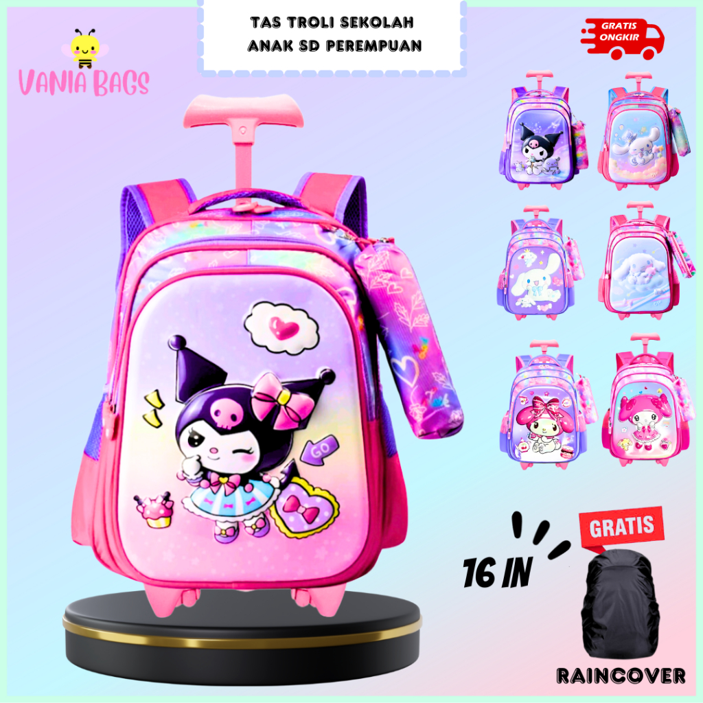 Jual tas koper anak perempuan sekolah sd gambar kuromi timbul 3d glossy ransel troli dorong ...