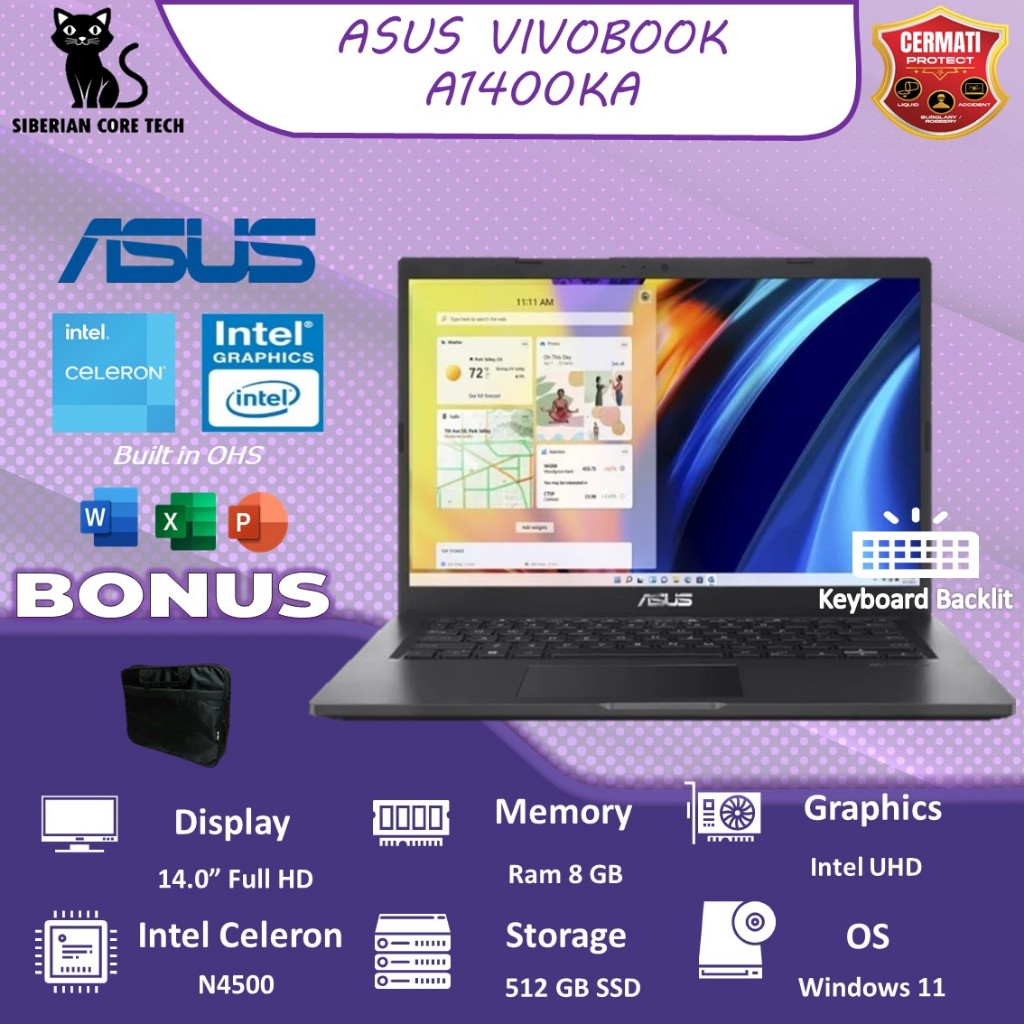 Jual Asus Vivobook A1400KA INTEL N4500 8GB 512SSD W11+OHS 14.0FHD BLIT ...