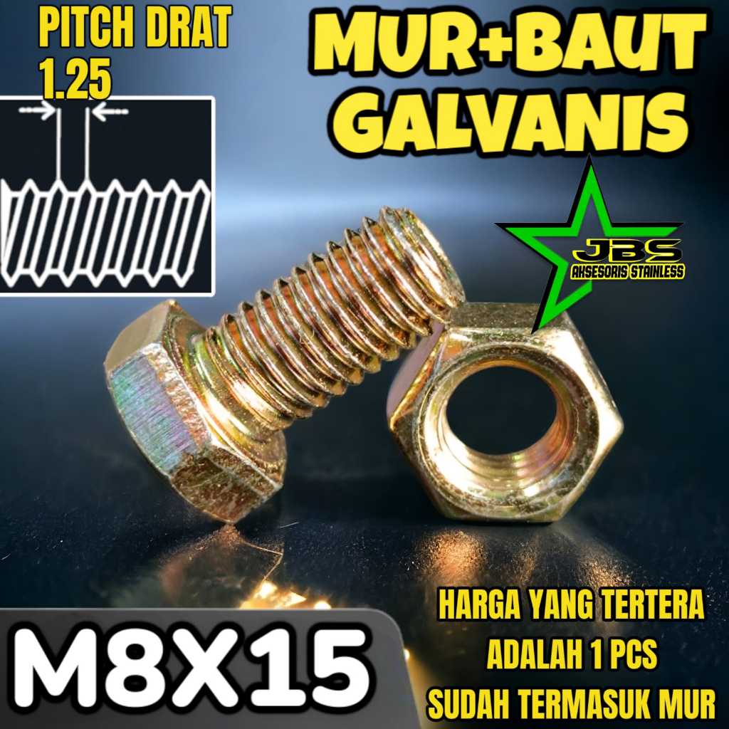 Jual BAUT MUR KUNING M8X15 KUNCI 12 PITCH 1,25 BMK - BAUT MUR HEXAGON GALVANIS KUNING M8X15 ...
