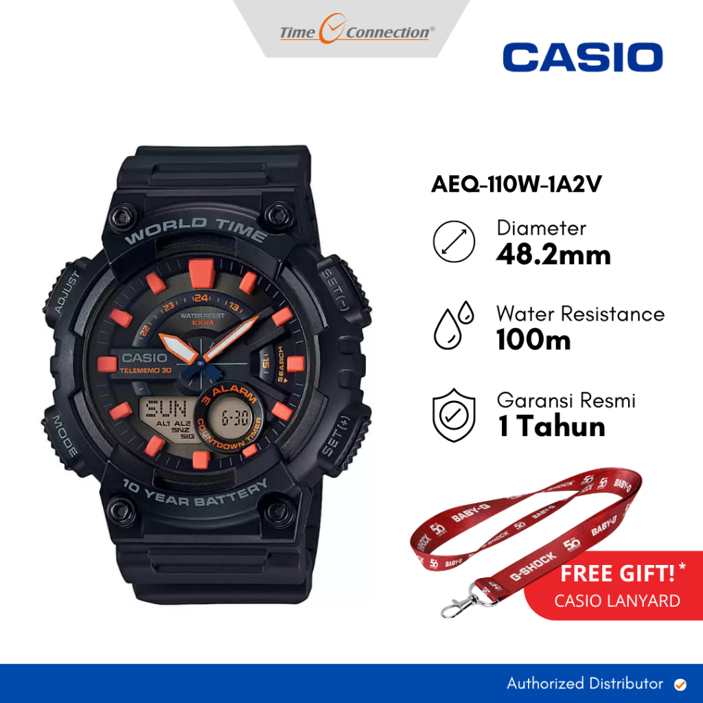 Jual Casio AEQ-110W-1A2V Hitam Oranye Original / Jam Tangan Pria Analog ...