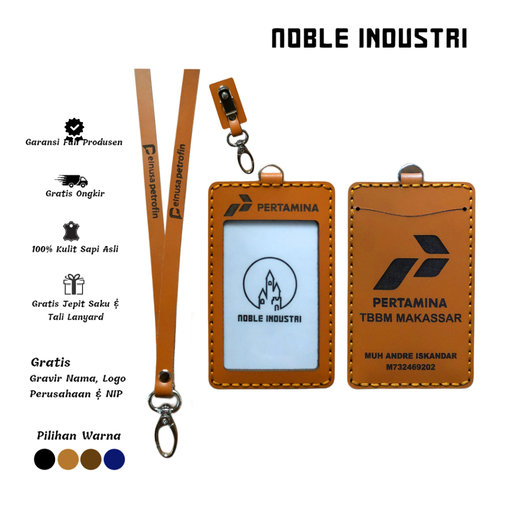 Jual ID CARD HOLDER NAME TAG LANYARD KULIT SAPI ASLI PREMIUM FREE ...
