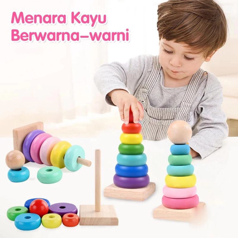 Jual Mainan edukasi anak bayi balita ring donat bahan kayu warna warni ...
