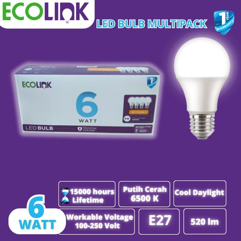 Jual Ecolink Multipack (3+1) Lampu LED Bulb Ecolink 6W Cool Daylight ...