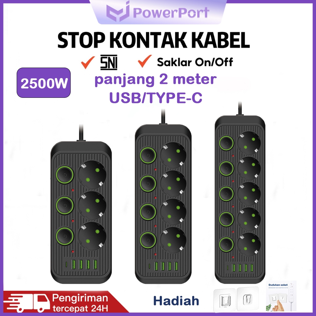 Jual Powerport 2500W Power Socket Power Strip Stop Kontak USB Kabel colokan listrik kabel ...