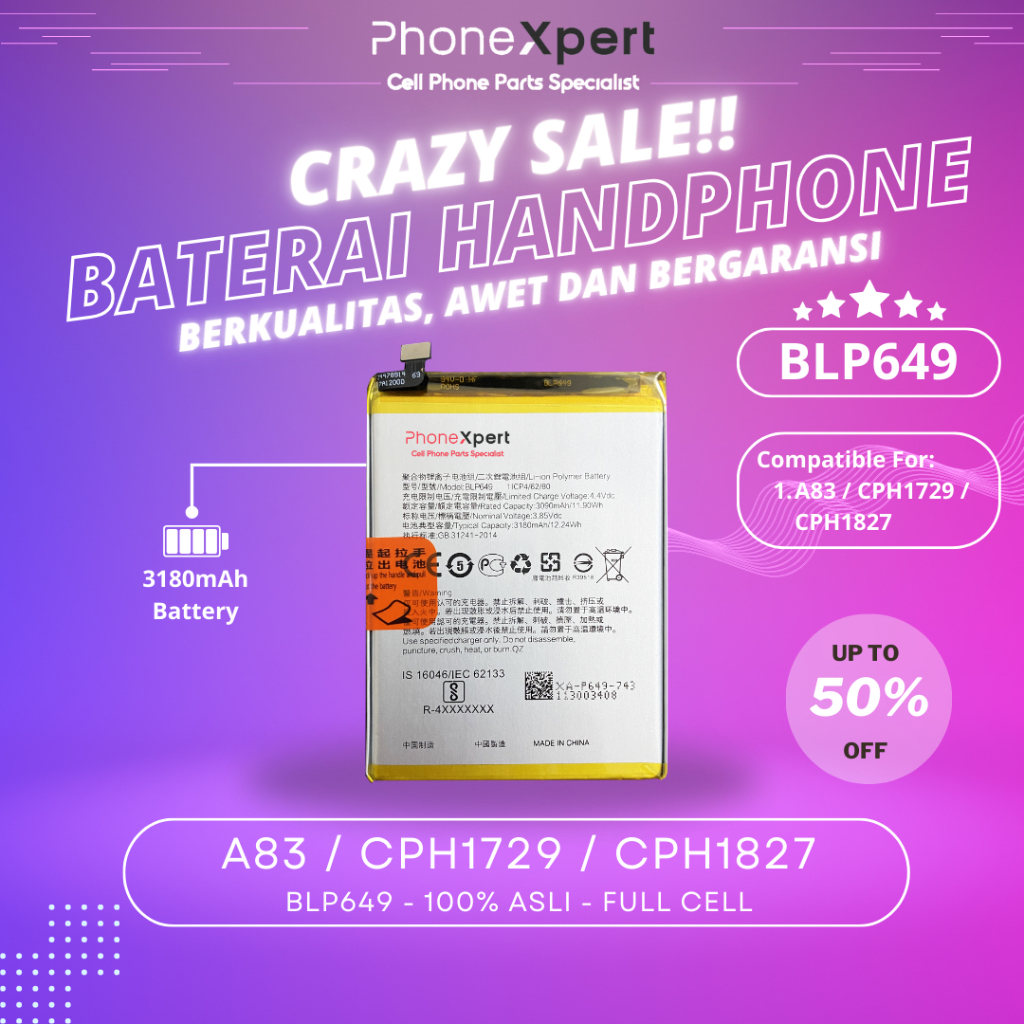 Jual PhoneXpert - BLP649 Baterai A83 CPH1729, CPH1827 Batre Batrai ...