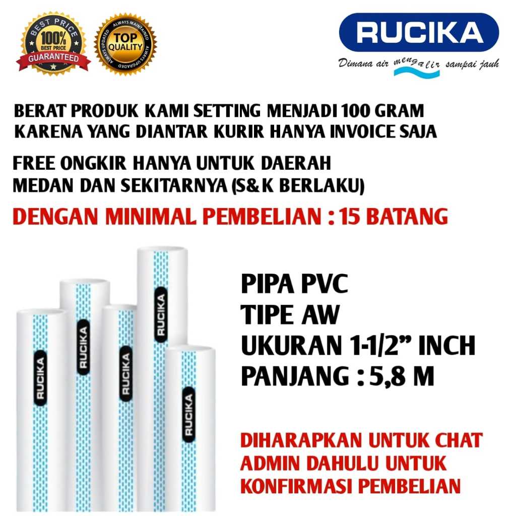 Jual Pipa batangan 1 1/2 Inch Dim Rucika 580 cm Pipa PVC Rucika Aw 1-1/ ...